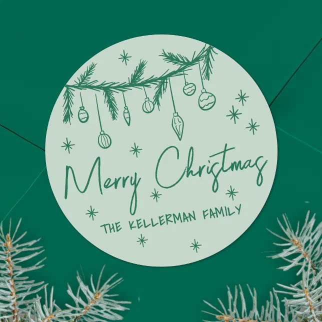 Hand Drawn Green Merry Christmas Classic Round Sticker | Zazzle