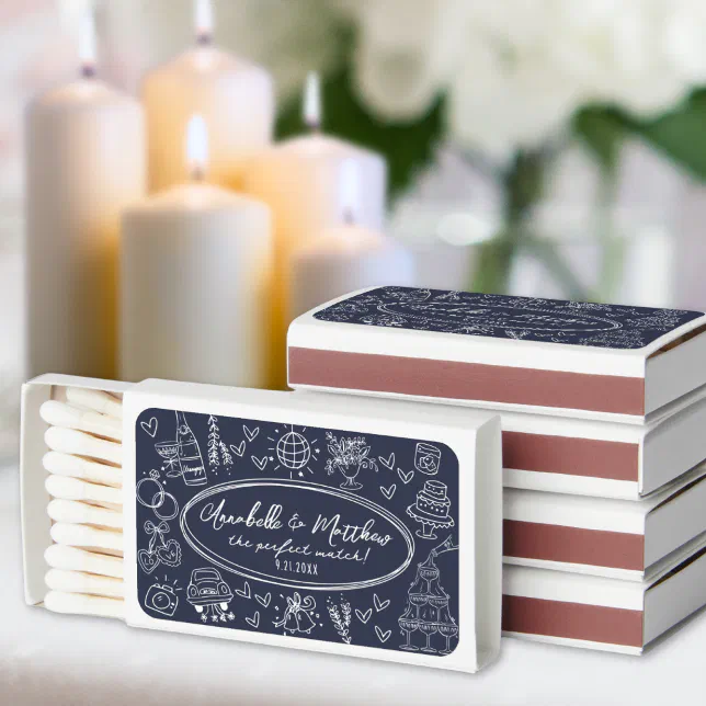 Hand Drawn Handwritten Funky Navy Blue Wedding Matchboxes | Zazzle
