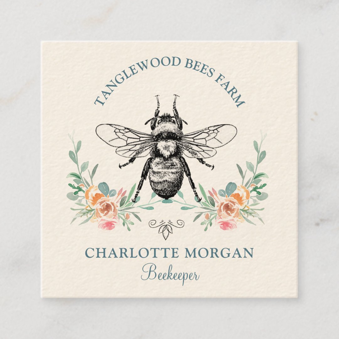 Hand Drawn Honey Bee Beekeeper Apiary Floral Squar Square Business Card ...