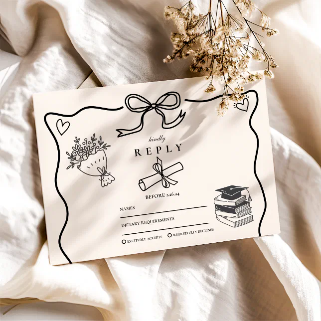 Hand Drawn Illustrated Black & White Graduation RSVP Card | Zazzle