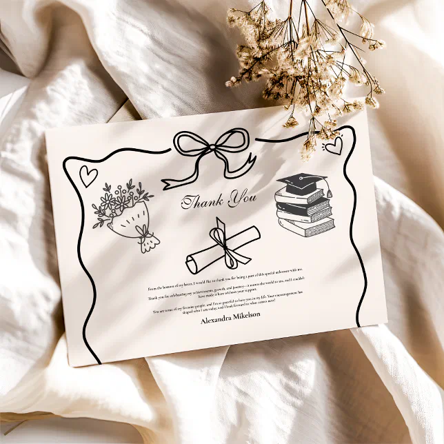 Hand Drawn Illustrated Black & White Graduation Thank You Card | Zazzle