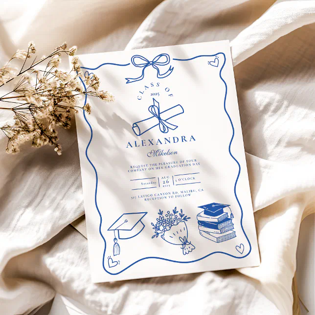 Hand Drawn Illustrated Blue Graduation Party Invitation | Zazzle