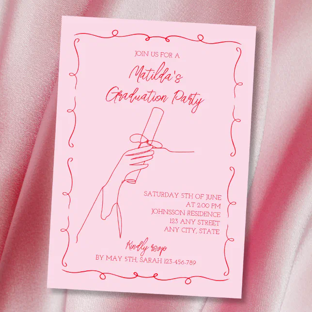 Hand Drawn Illustrated Pink & Red Graduation Party Invitation | Zazzle