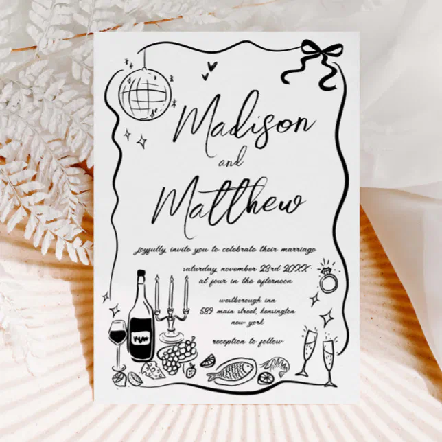 Hand Drawn Illustrations Doodles Wedding Party Invitation | Zazzle