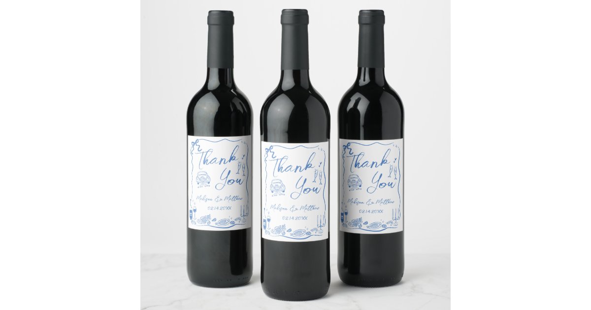 Hand Drawn Illustrations Doodles Wedding Party Wine Label | Zazzle