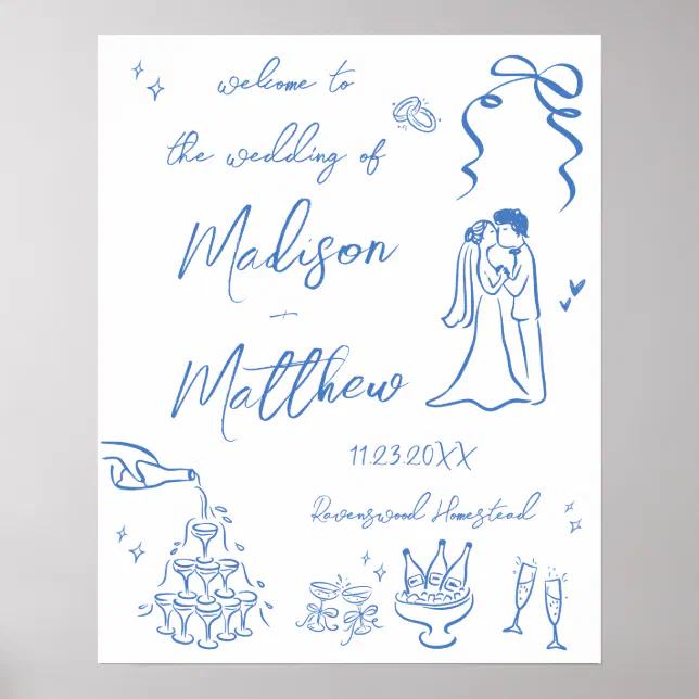 Hand Drawn Illustrations Drawings Wedding Welcome Poster | Zazzle