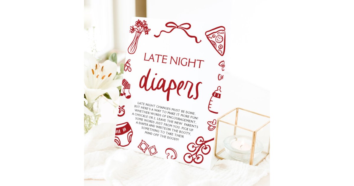 Hand Drawn Italian Baby Shower Late Night Diapers Pedestal Sign | Zazzle
