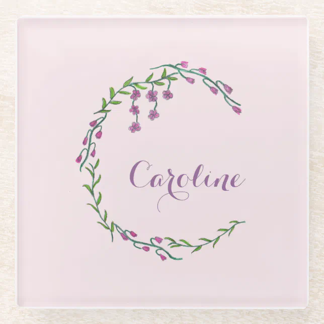 Hand Drawn Letter C Initial Monogram Vines Flowers Glass Coaster | Zazzle