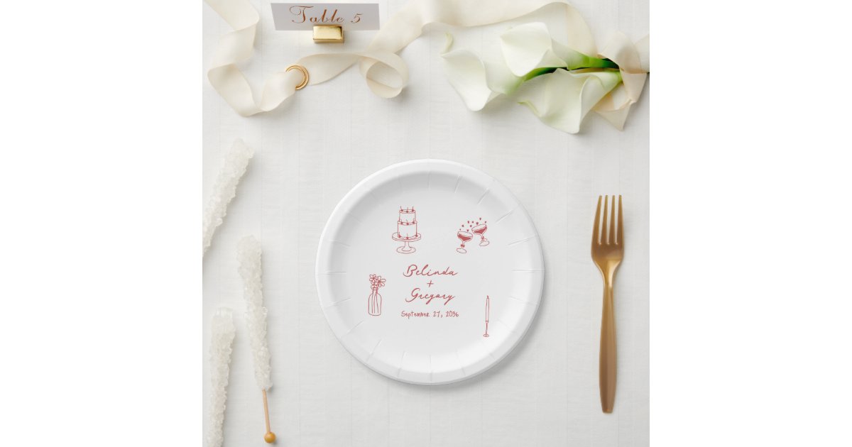 Hand Drawn Maroon Illustrations Doodles Wedding Paper Plates | Zazzle