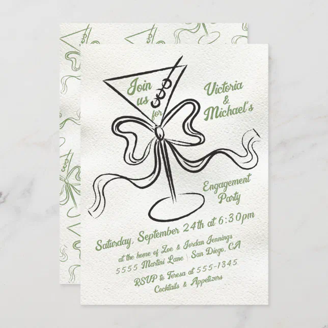 Hand Drawn Martini Bow Funky Engagement Party Invitation | Zazzle