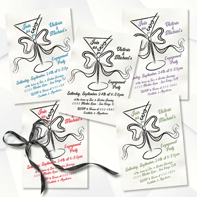 Hand Drawn Martini Bow Funky Engagement Party Invitation | Zazzle