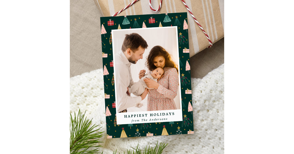 Hand-Drawn Modern Christmas Trees Photo Holiday Card | Zazzle