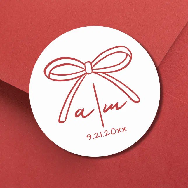 Hand Drawn Monogram Red Bow Wedding Classic Round Sticker | Zazzle