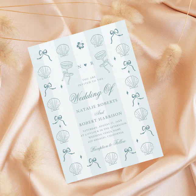 Hand Drawn Nautical Coastal Blue Shell Wedding Invitation | Zazzle