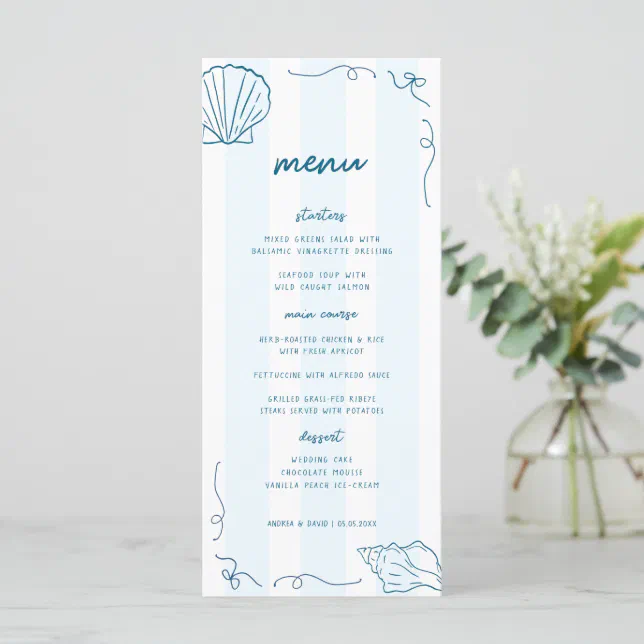 Hand Drawn Nautical Seashell Coastal Wedding Menu | Zazzle