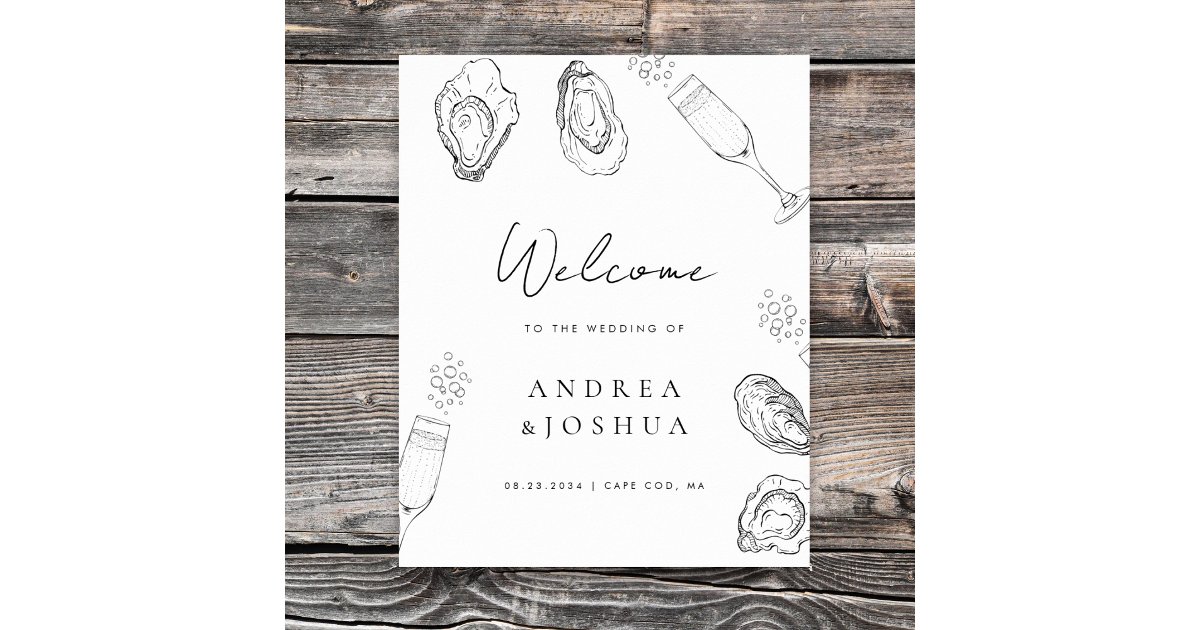 Hand Drawn Oysters Champagne Script Welcome Sign | Zazzle