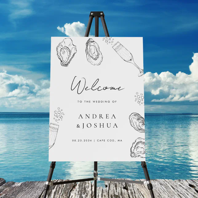 Hand Drawn Oysters Champagne Wedding Welcome Sign | Zazzle