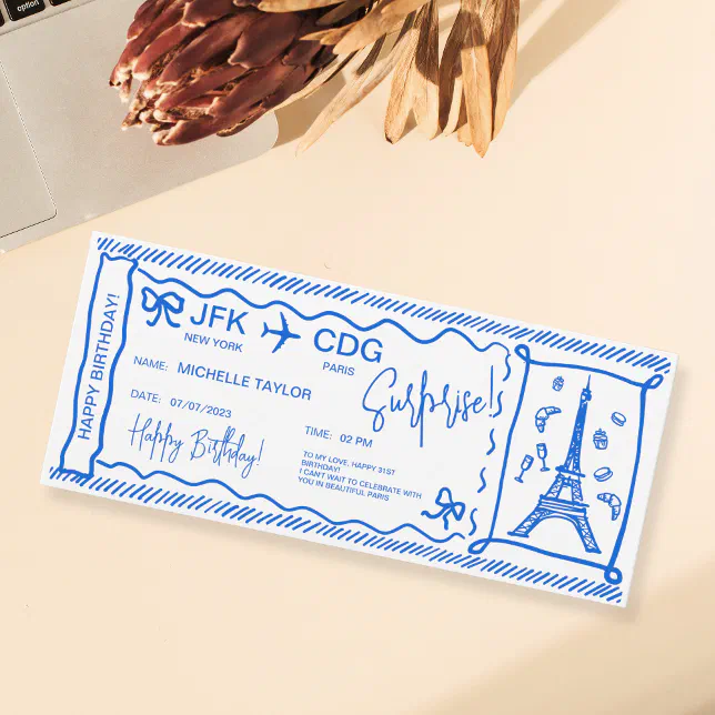 Hand Drawn Paris Surprise Boarding Pass Ticket Invitation | Zazzle