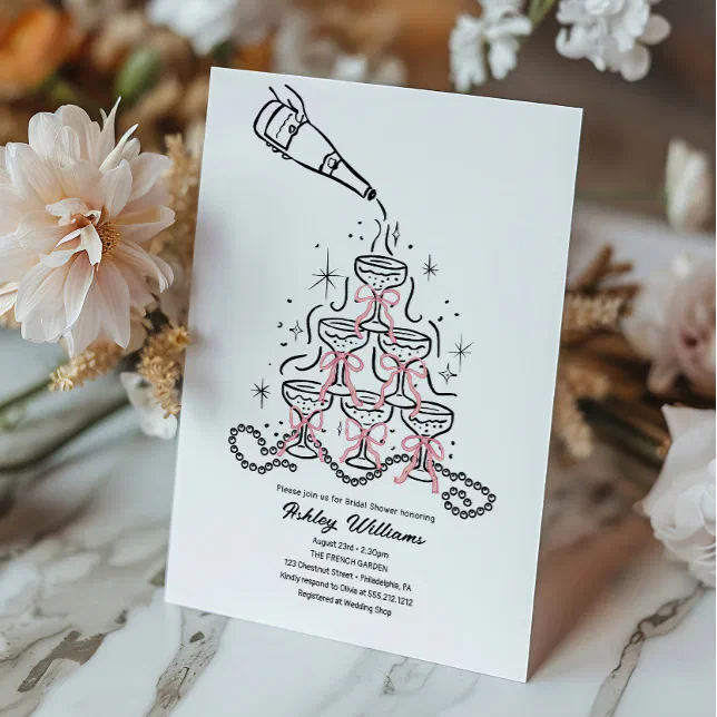 Hand Drawn Pearls & Prosecco Bridal Shower Invitation | Zazzle