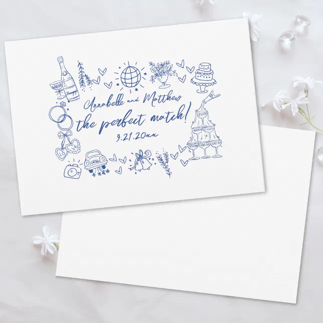 Hand Drawn Perfect Match Blue Whimsical Wedding Invitation | Zazzle