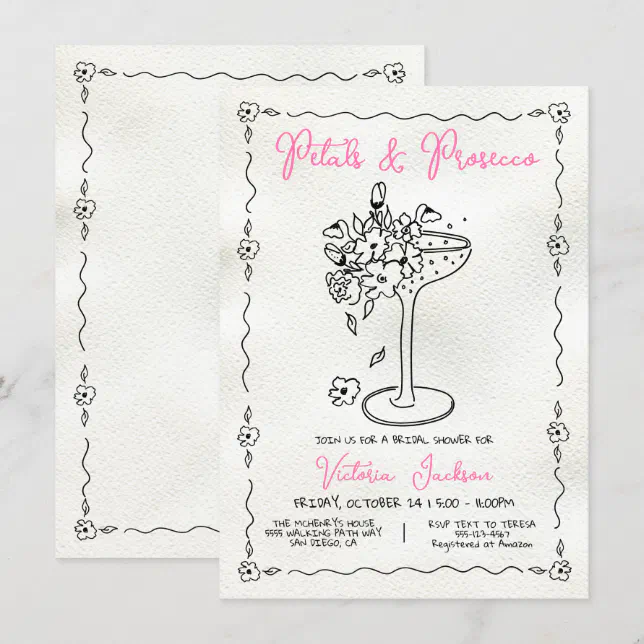 Hand Drawn Petals and Presecco Bridal Shower Invitation | Zazzle