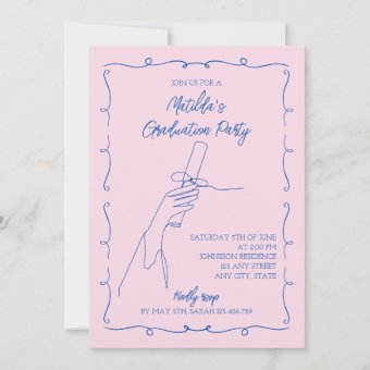 Hand Drawn Pink & Blue 2024 Graduation Invitation | Zazzle