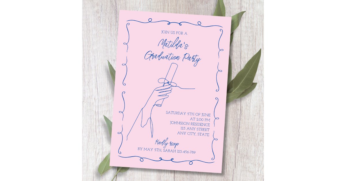 Hand Drawn Pink & Blue 2024 Graduation Invitation | Zazzle