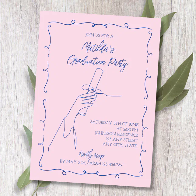 Hand Drawn Pink & Blue 2024 Graduation Invitation | Zazzle