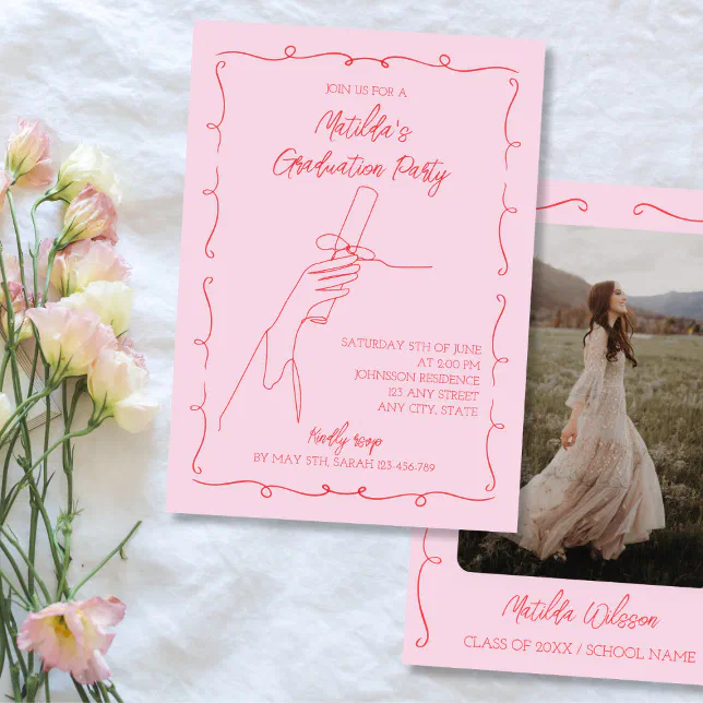 Hand Drawn Pink & Red Photo Graduation Party Invitation | Zazzle