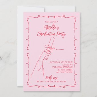 Hand Drawn Pink & Red Photo Graduation Party Invitation | Zazzle