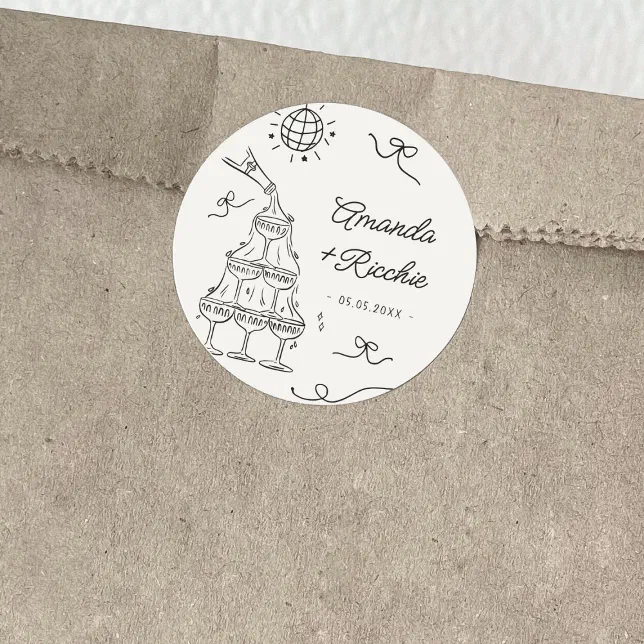 Hand Drawn Playful Whimsical Retro French Wedding Classic Round Sticker ...