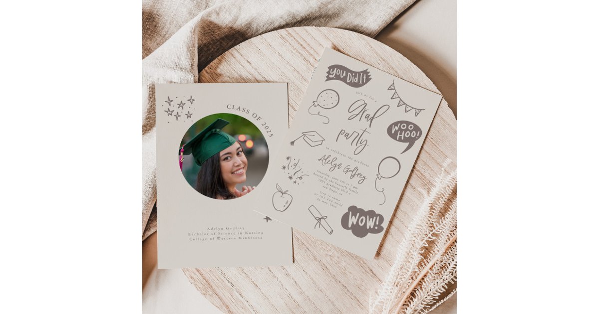 Hand Drawn Quirky Beige Graduation Party Invitation | Zazzle