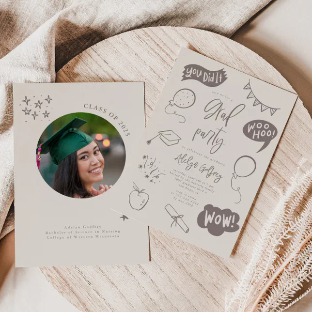 Hand Drawn Quirky Beige Graduation Party Invitation | Zazzle