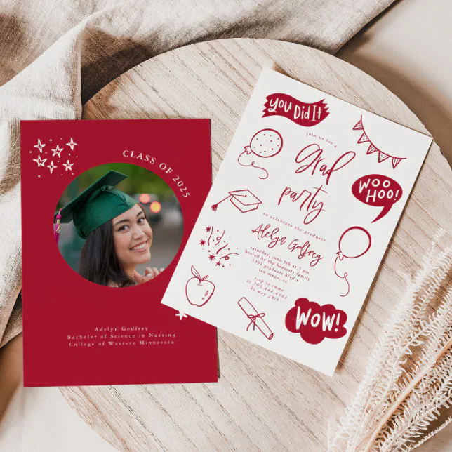 Hand Drawn Quirky Red Graduation Party Invitation | Zazzle