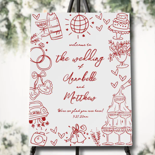 Hand Drawn Quirky Red Wedding Welcome Sign | Zazzle