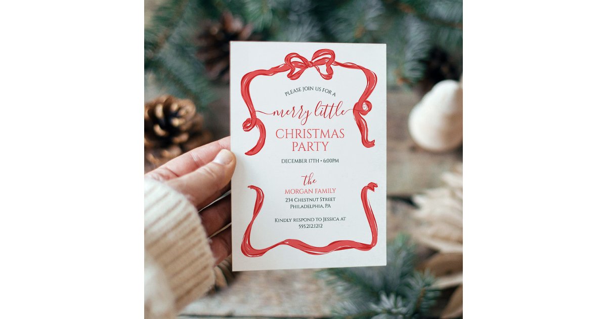 Hand Drawn Red Bow Christmas Party Invitation | Zazzle