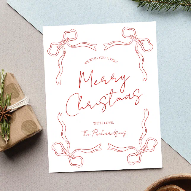 Hand Drawn Red Bow Whimsical Unique Christmas Holiday Card | Zazzle