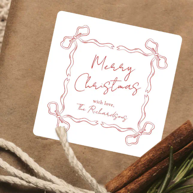 Hand Drawn Red Bow Whimsical Unique Christmas Square Sticker | Zazzle