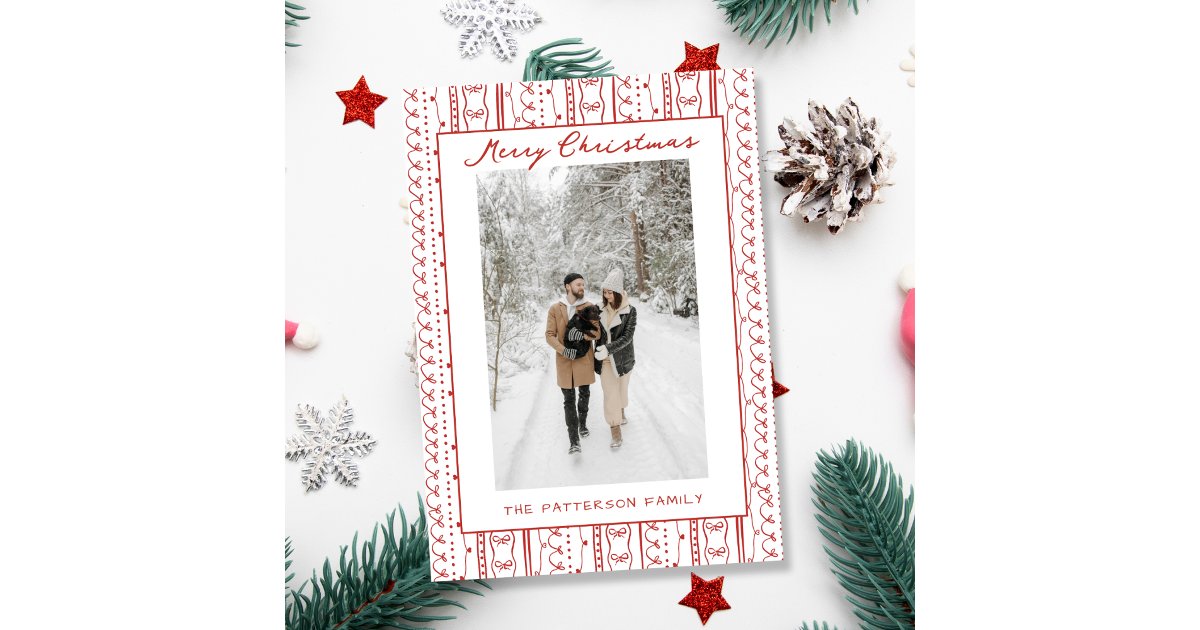 Hand Drawn Red Bows Doodle Pattern Photo Christmas Holiday Card | Zazzle