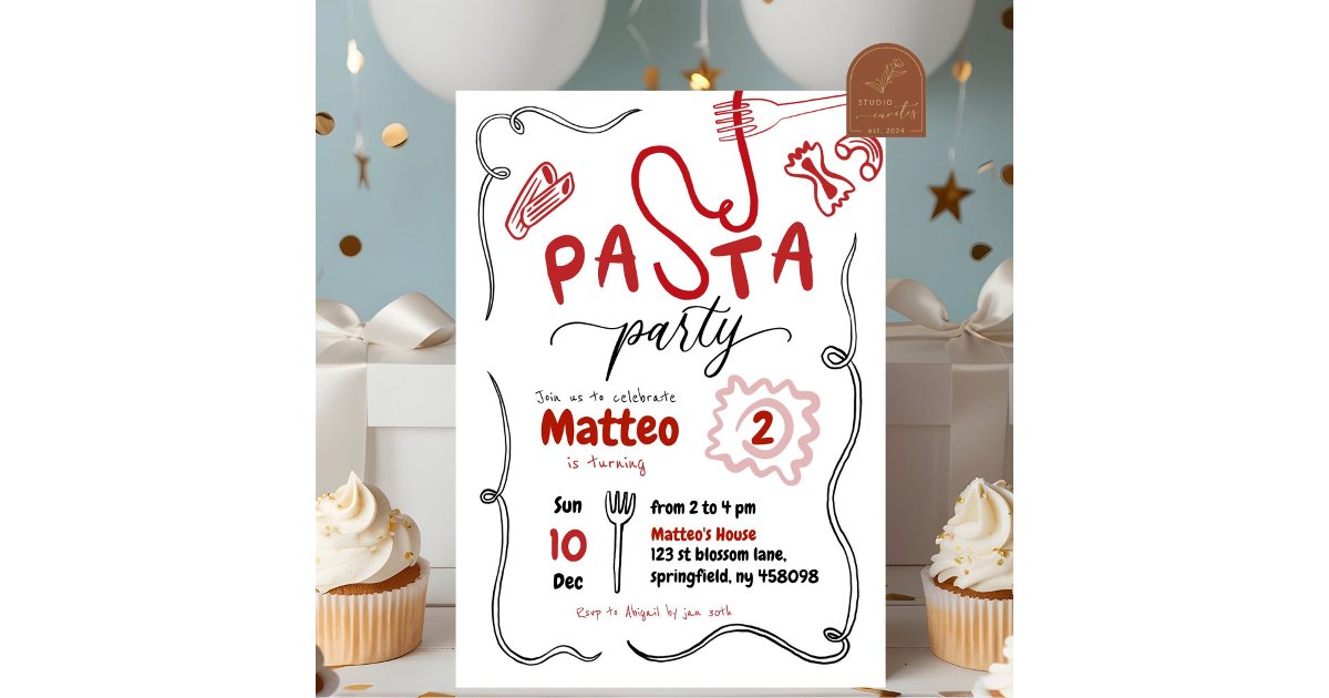 Hand Drawn Red Pasta Party Birthday Invitation | Zazzle