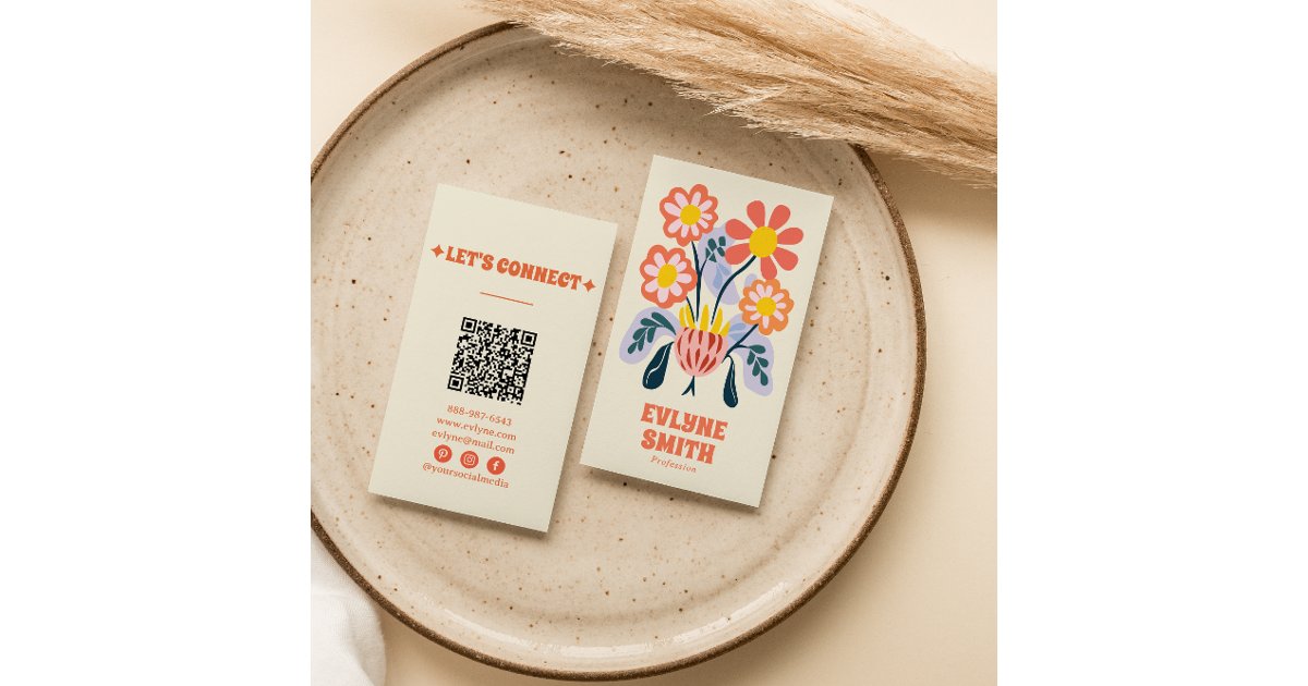 Hand Drawn Retro Colorful QR Code Floral Unique Business Card | Zazzle