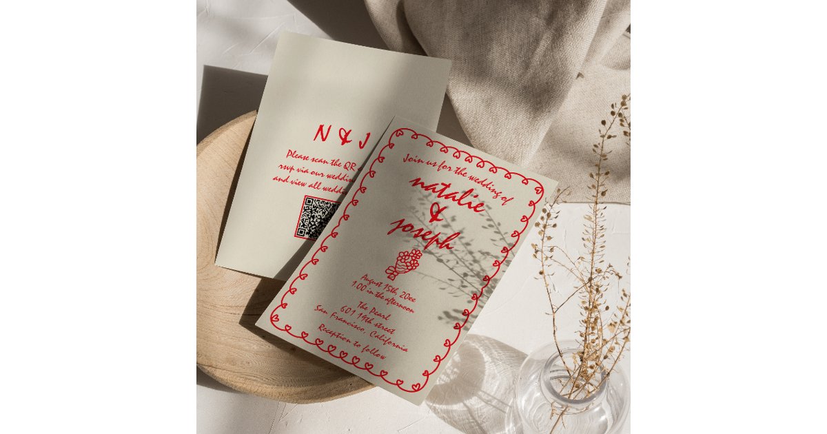 Hand Drawn Retro Funky QR Code Quirky Wedding Invitation | Zazzle