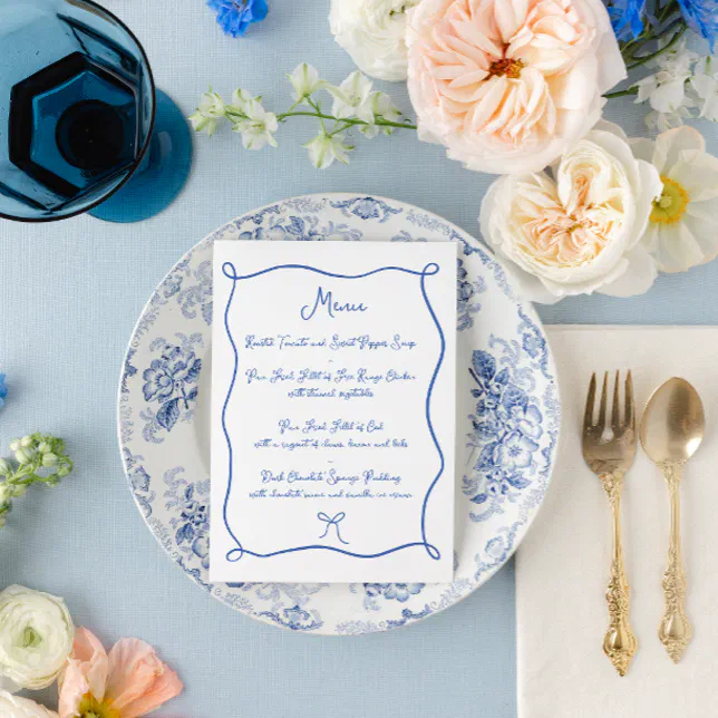 Hand Drawn Ribbon & Bow French Blue Wedding Menu | Zazzle