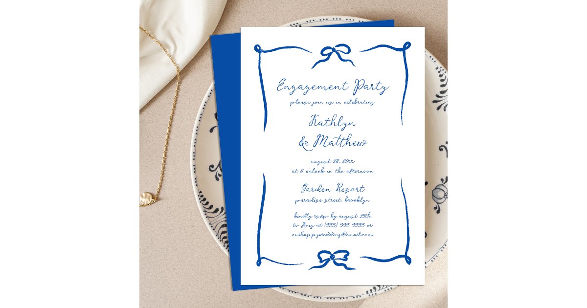 Hand Drawn Ribbon French Blue Engagement Party Invitation | Zazzle