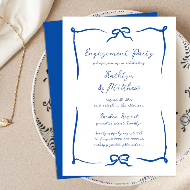 Hand Drawn Ribbon French Blue Engagement Party Invitation | Zazzle