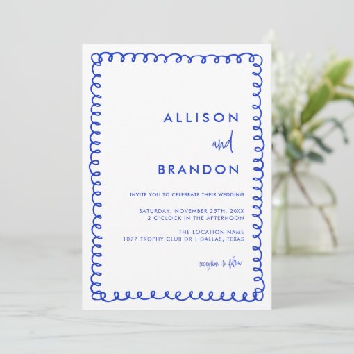 Hand Drawn Ribbon French Blue Wedding Photo Invitation | Zazzle