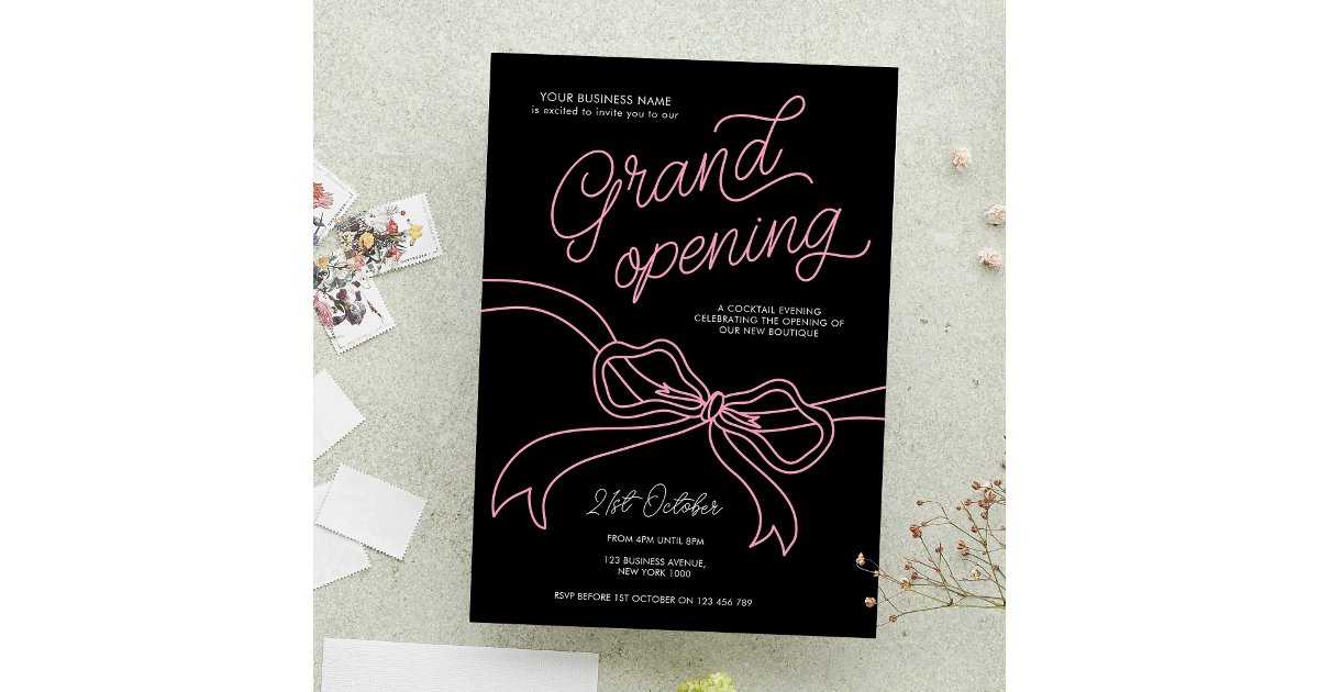 Hand Drawn Ribbon Unique Black Pink Grand Opening Invitation | Zazzle