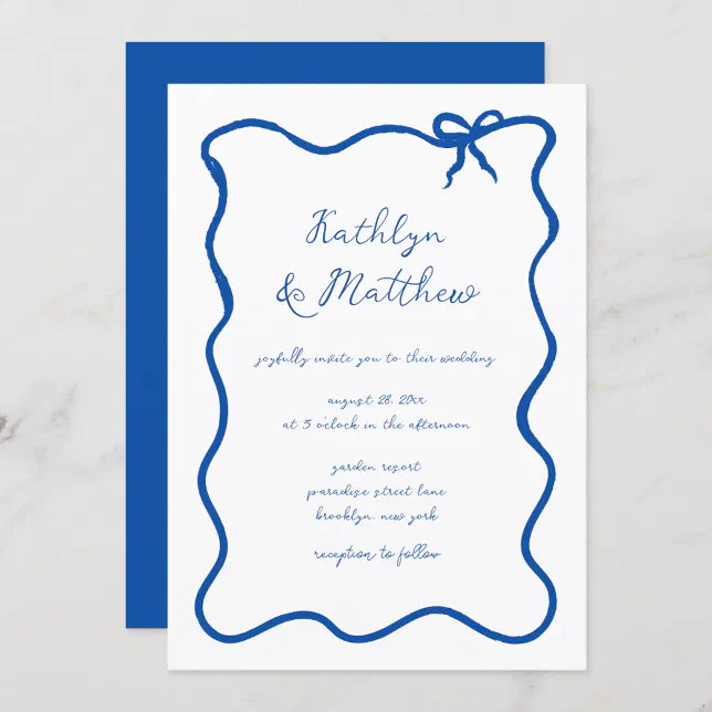 Hand Drawn Ribbon Whimsical French Blue Wedding Invitation | Zazzle