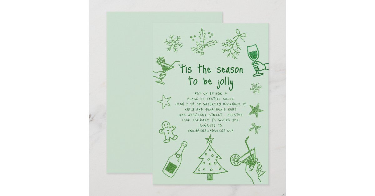 Hand Drawn Scribble Glitter Green Christmas Party Invitation | Zazzle