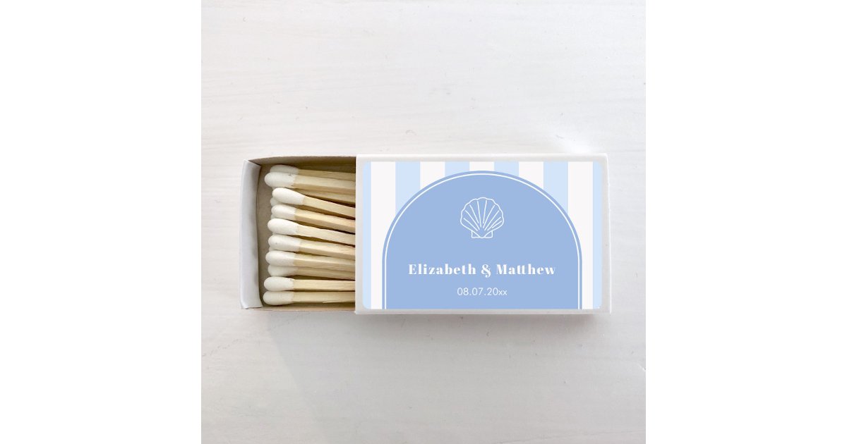Hand Drawn Seashell Blue White Coastal Wedding Matchboxes | Zazzle